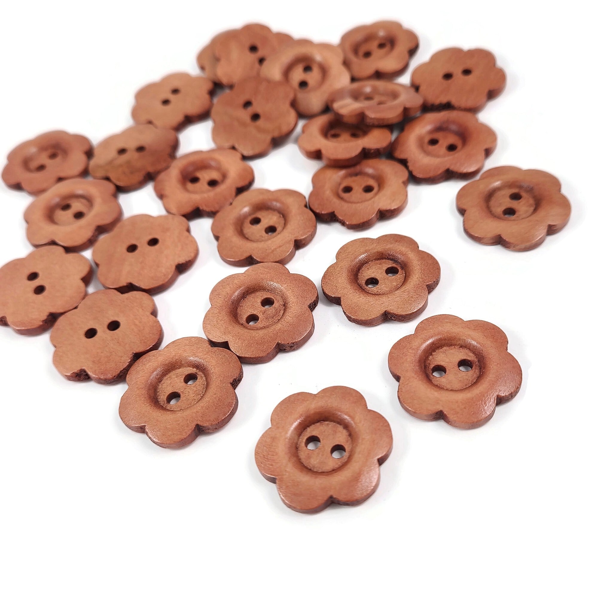 Light brown flower-shaped wooden button 25mm, Knitting and sewing part