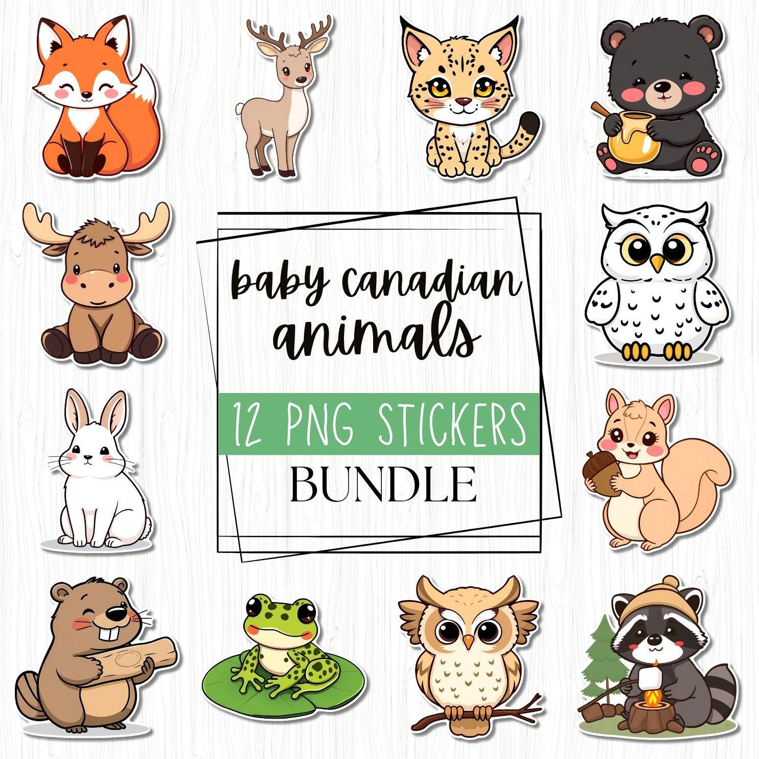Canadian Animal Sticker Bundle, 12 Adorable Printable PNG Digital
