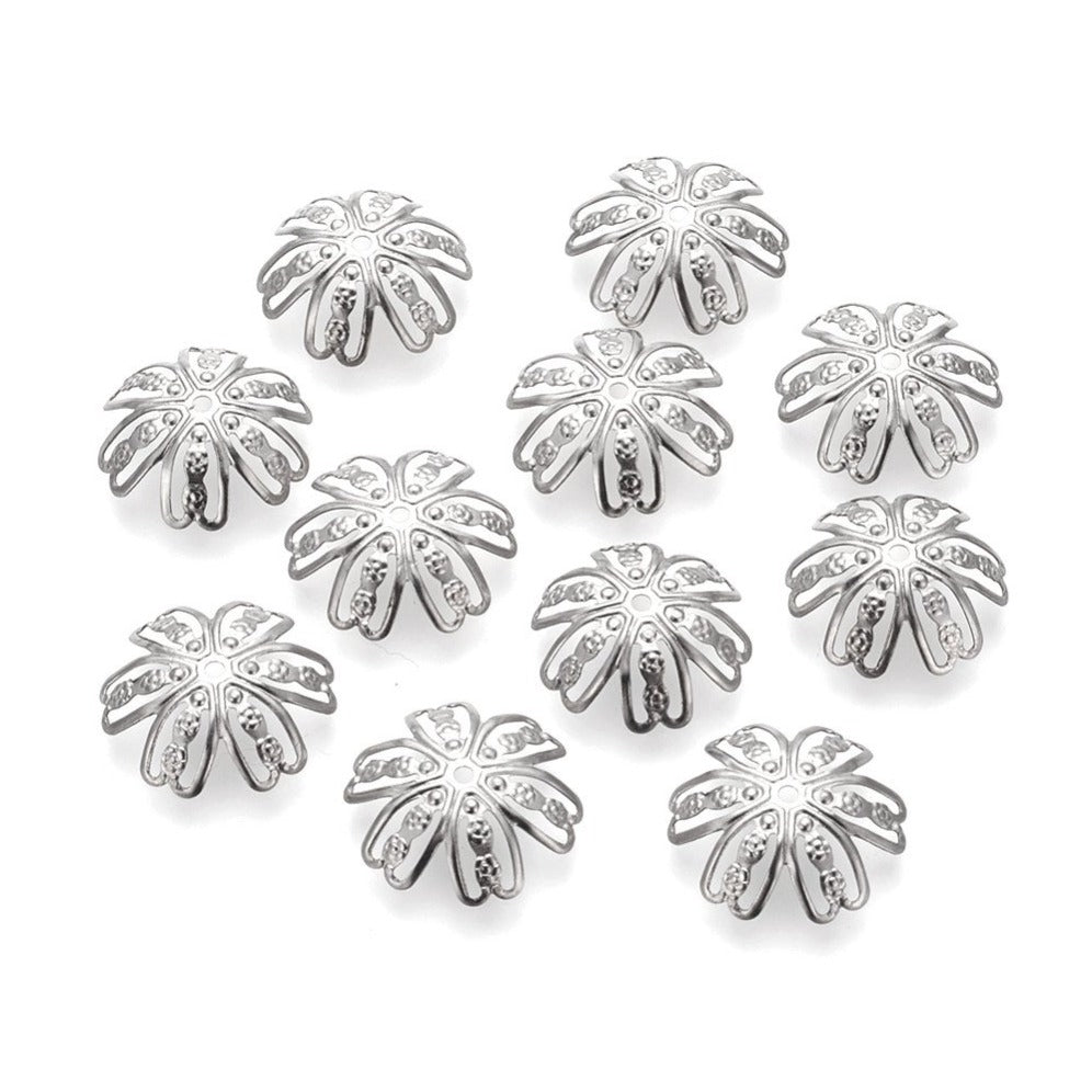 10 Flower bead caps hypoallergenic stainless steel 14mm beadcaps