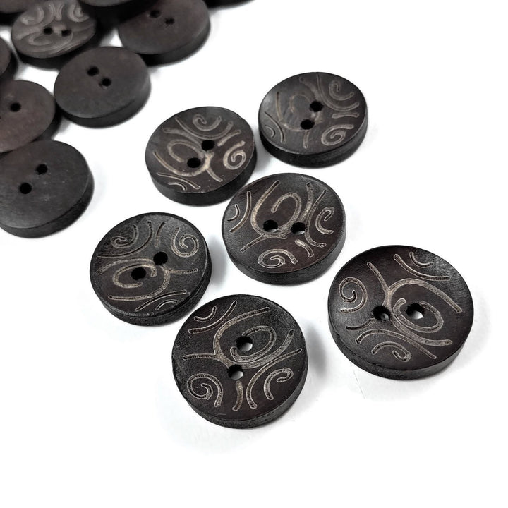 6 dark brown wooden button with tribal pattern 20mm