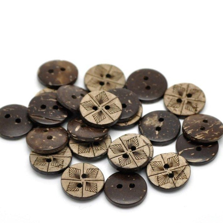10 Brown Coconut Shell Buttons 15mm - Geometric
