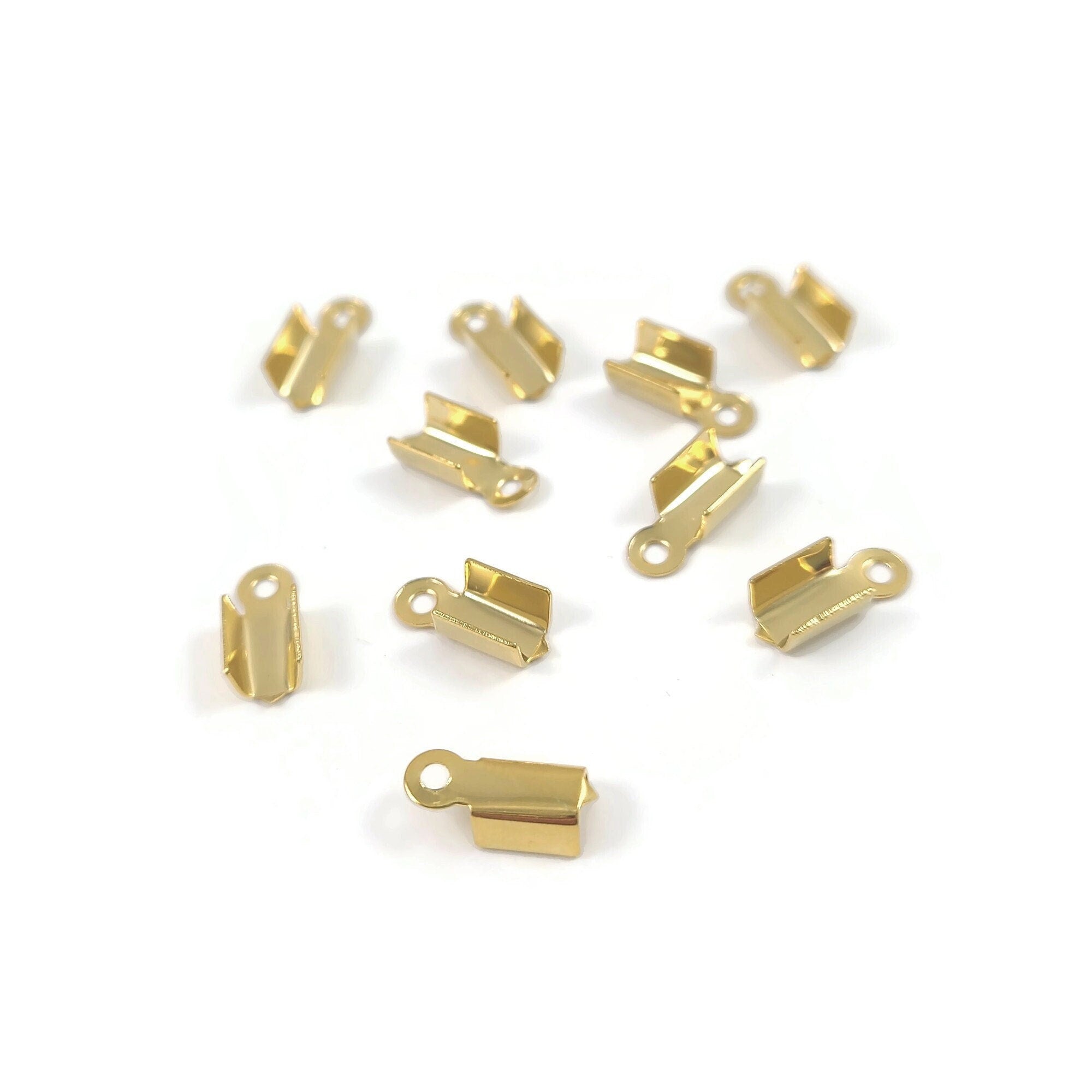 Gold crimp end caps, Fold over cord tips, Stainless steel ribbon end
